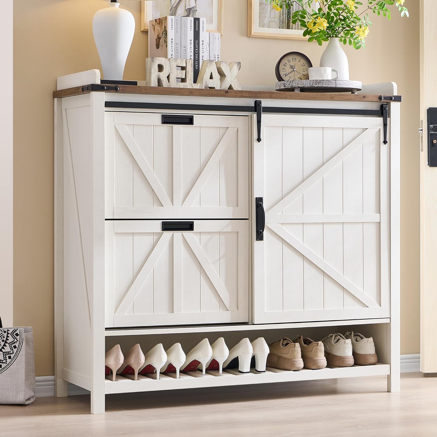 Amazon.com: OKD Shoe Storage Cabinet with 2 Flip Drawers & Sliding Door, Farmhouse Entryway Shoe ...