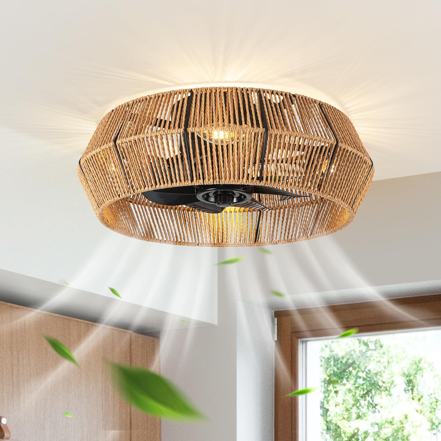 Amazon.com: SYTPPLAN Rattan Ceiling Fan with Lights and Remote, 20 ...