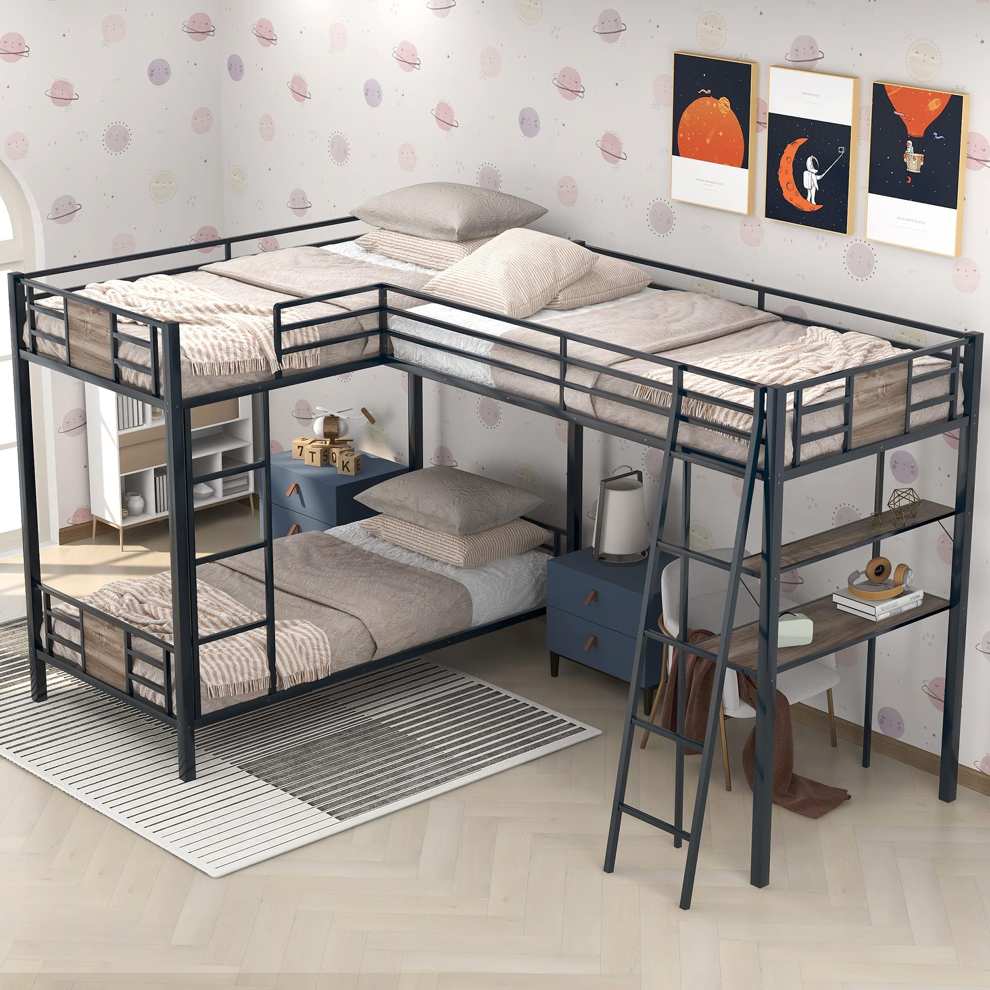 Amazon.com: L-Shape Bunk Bed for 4, Quad Bunk Beds with Slide, Corner ...