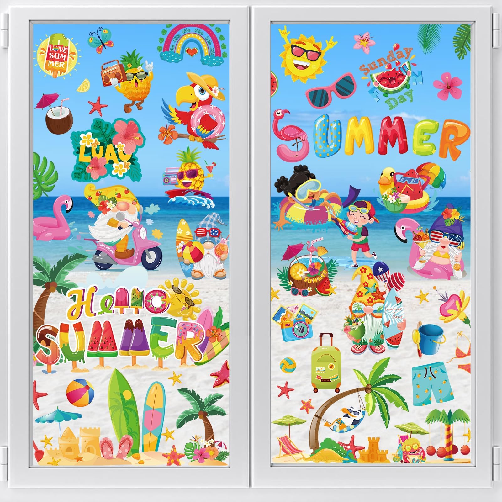 Amazon.com: AUGSUN 126PCS Summer Window Clings Cartoon Sun Beach Drinks ...