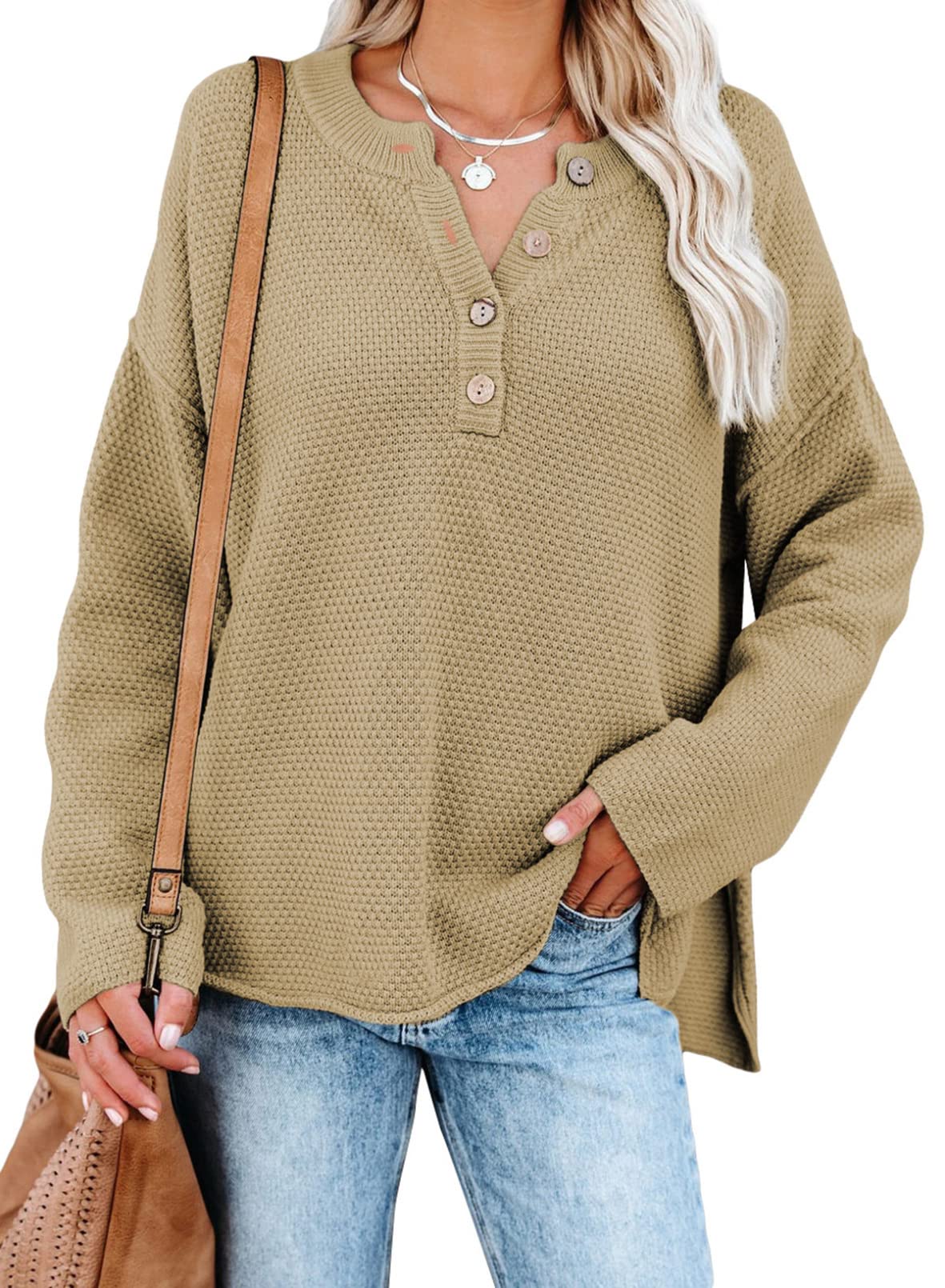 SHEWIN Women's Waffle Knit Long Sleeve V Neck Oversized Sweaters for ...