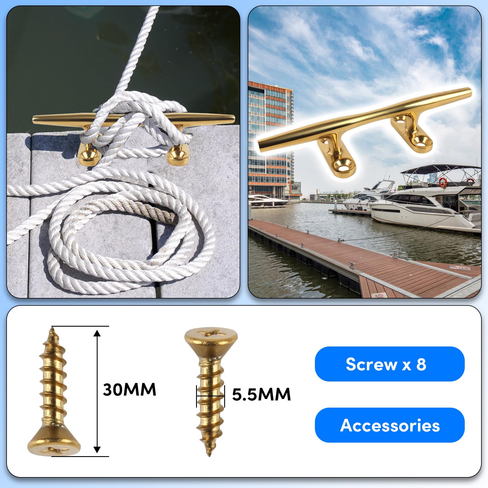 Snapklik.com : Boat Cleat, Brass Color Dock Cleats 6 Inch, 316 ...