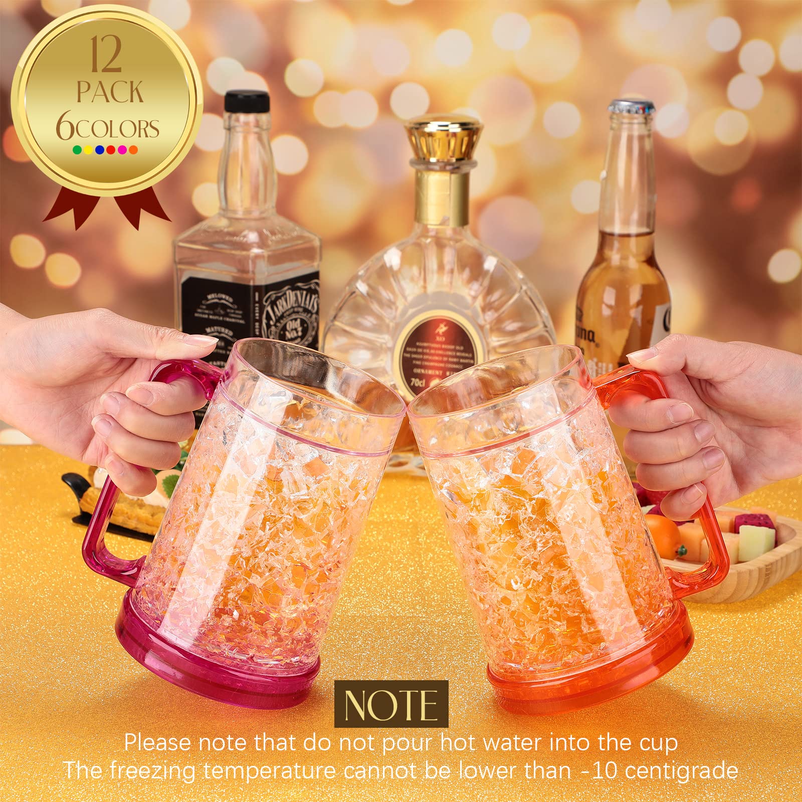 Gejoy Set of 12 Freezer Beer Mugs with Liquid 16oz Double Wall Gel ...