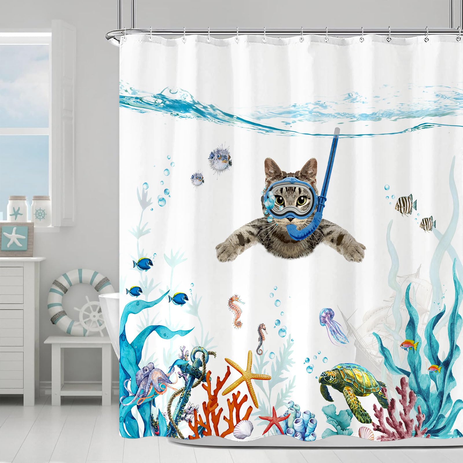 Realistic Underwater Sea Shell Starfish Shower Curtain Set ...