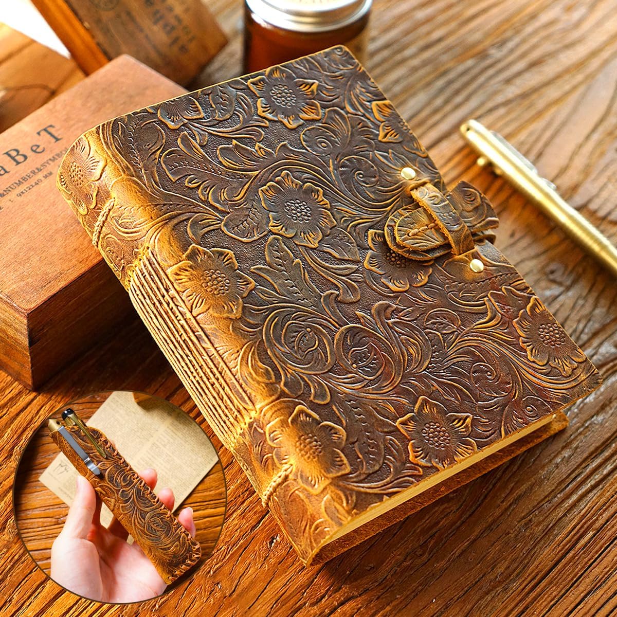 Wonninek Journals Vintage Notebook, Embossed Leather Journal Sketchbook ...
