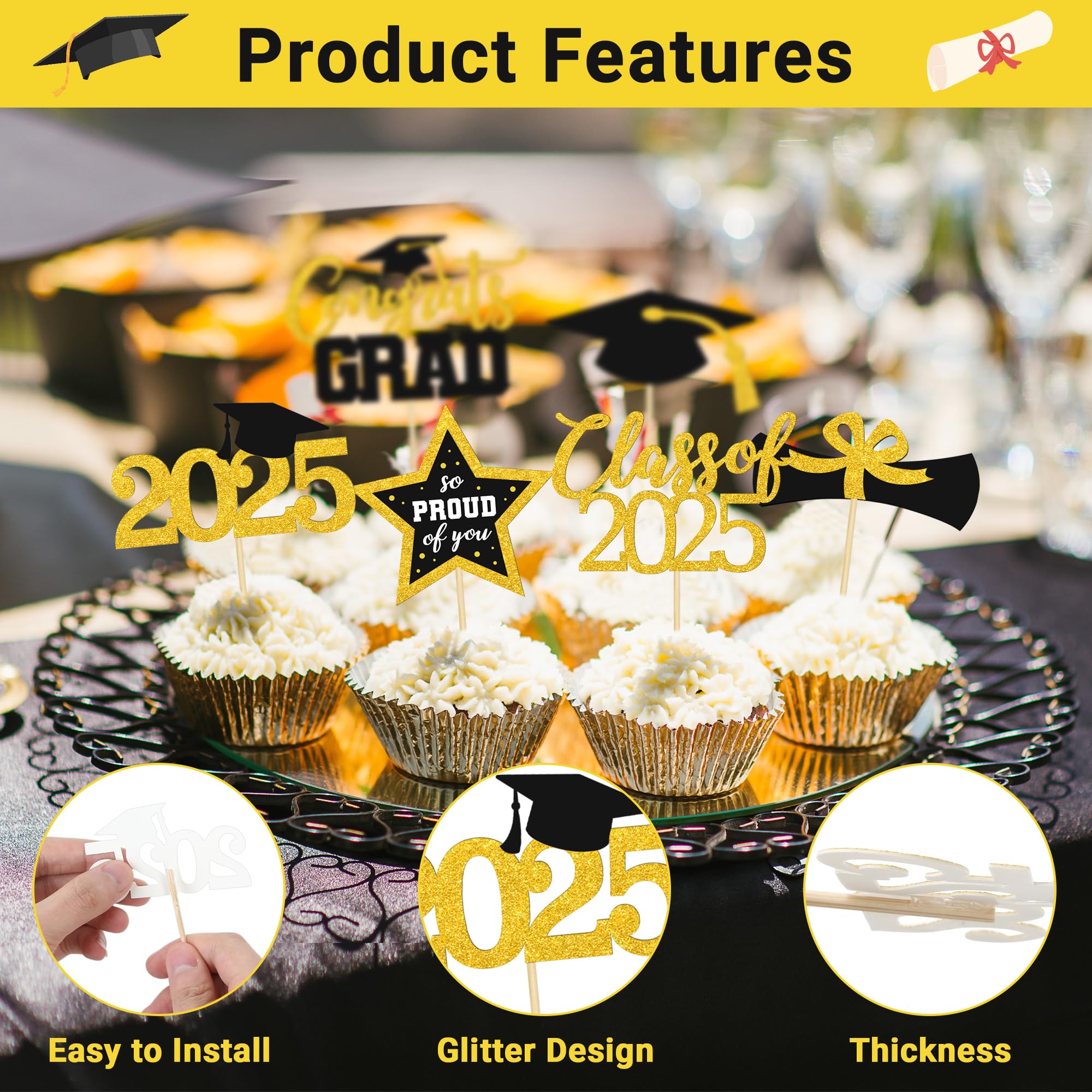 Snapklik.com : 48 PCS Graduation Cupcake Toppers 2025, 6 Style Black ...