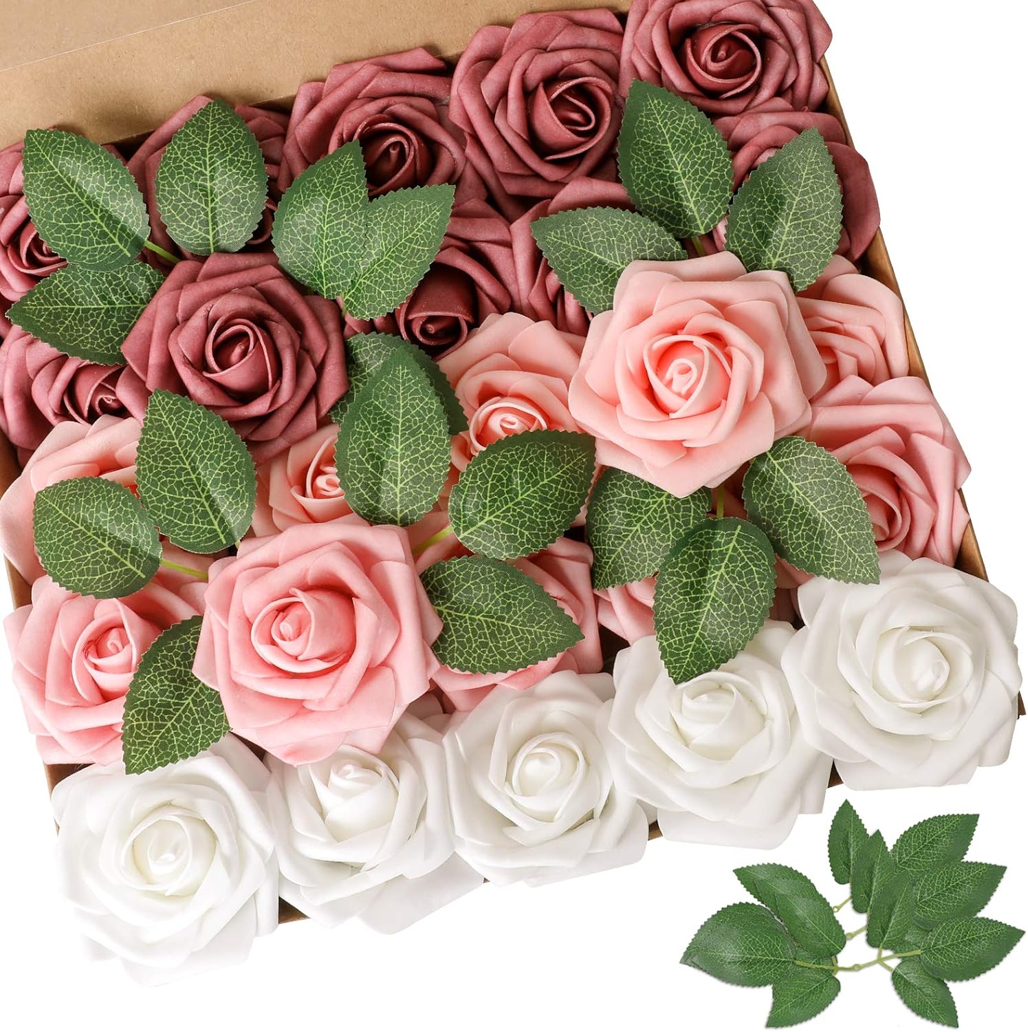 AmyHomie Flores artificiales rosas rojas, 25 rosas falsas de aspecto ...