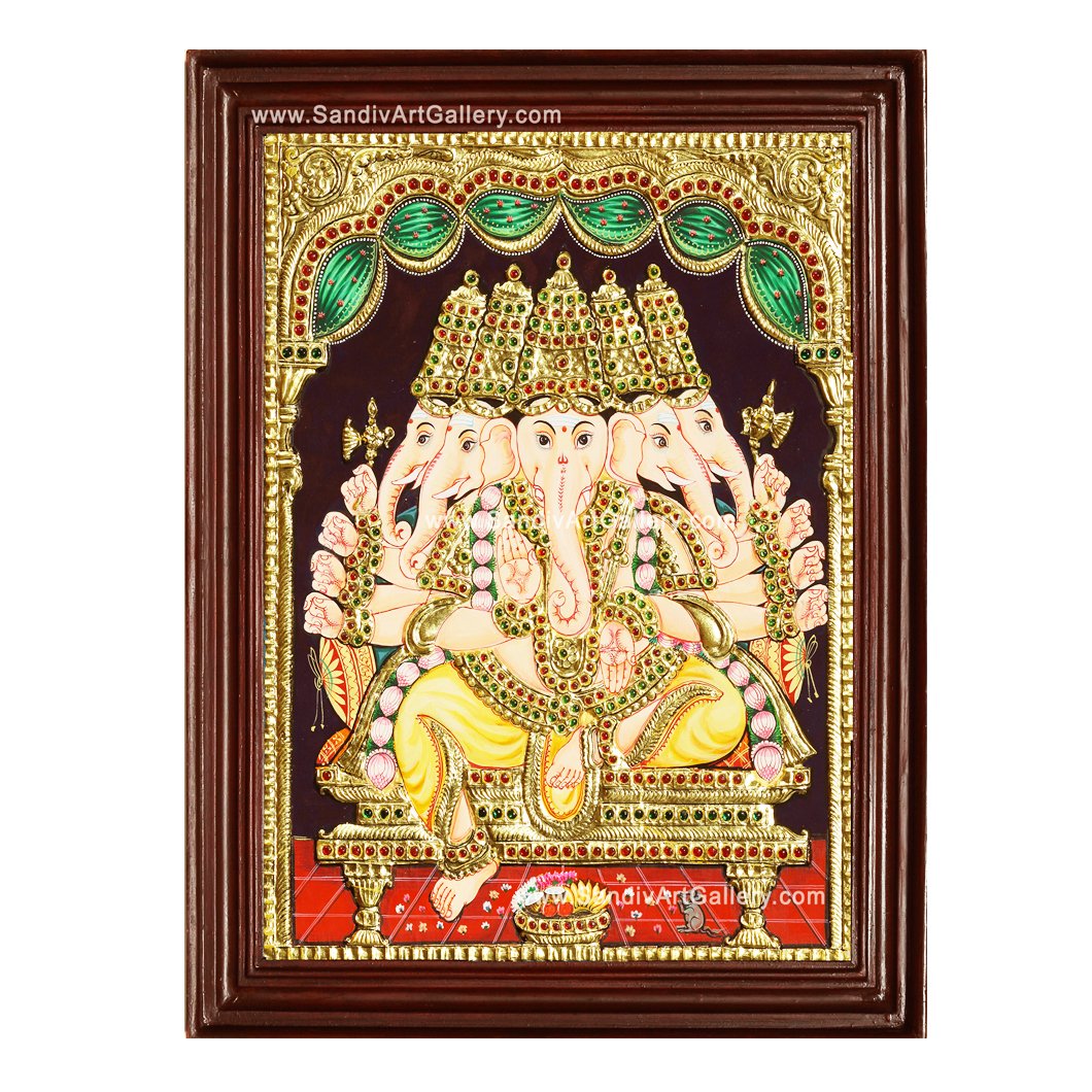 Buy Sandiv Art Gallery Pancha Muga Ganesha Tanjore Painting – 22 Carat ...
