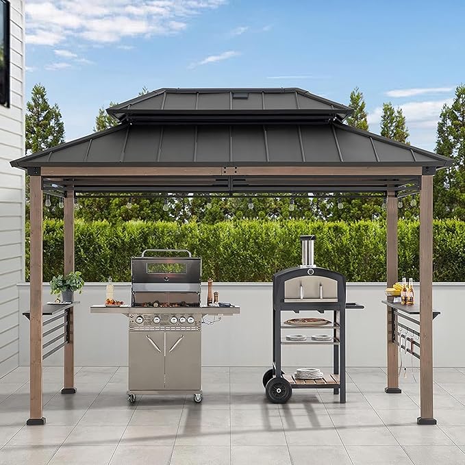 Amazon.com : Sunjoy Wooden Grill Gazebo with Solar Power, 8 x 12 ft ...