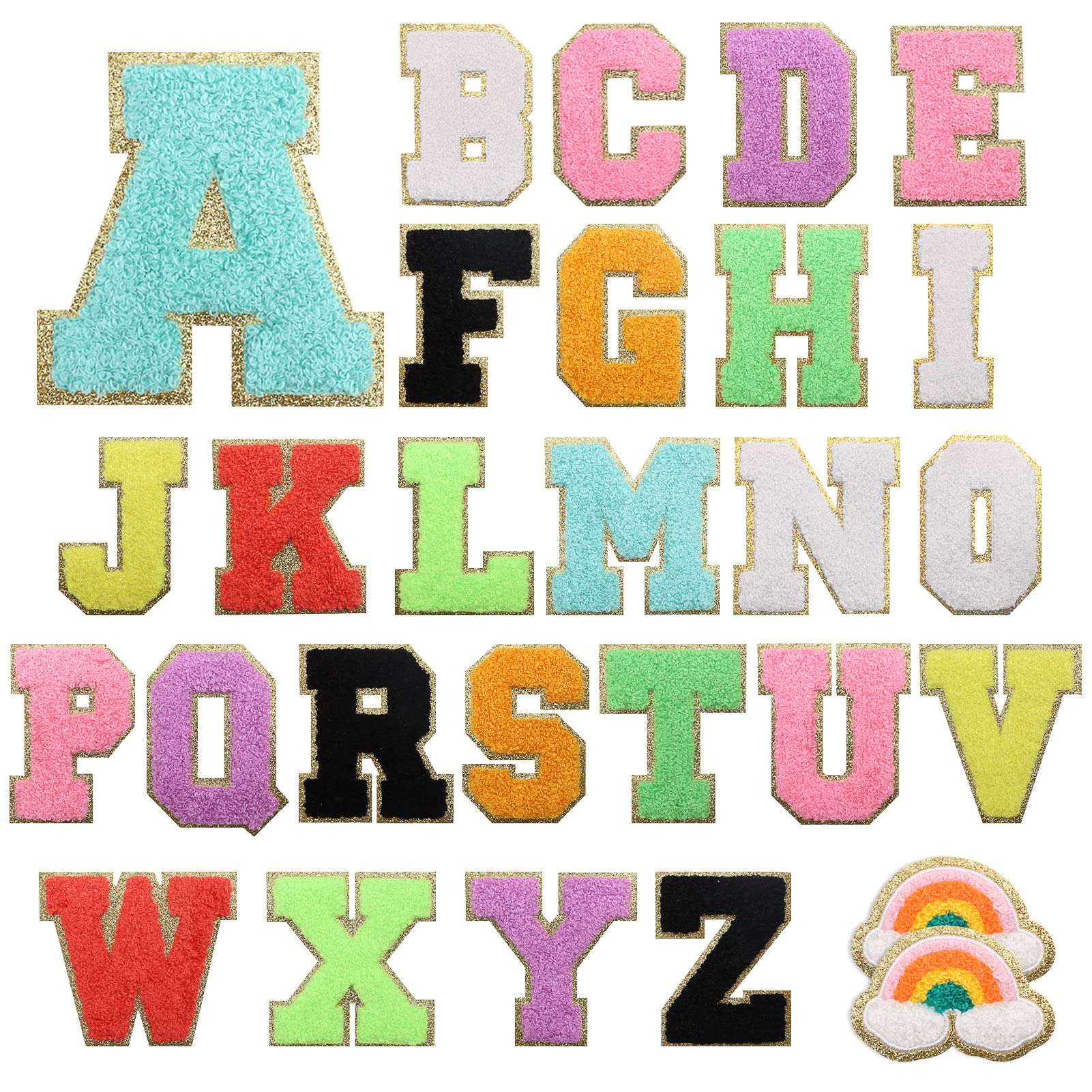 Zehiq 28pcs Chenille Letter Iron On Patches Gold Border Sew ...