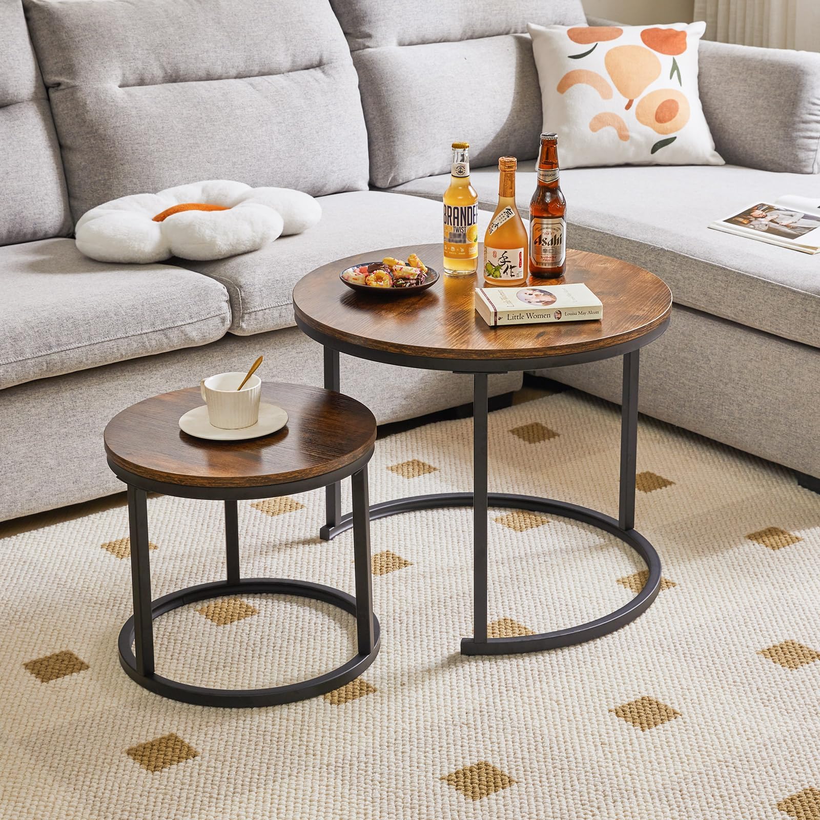 GrandCA HOME Round Coffee Table Set of 2 Nesting Table with Black Metal ...