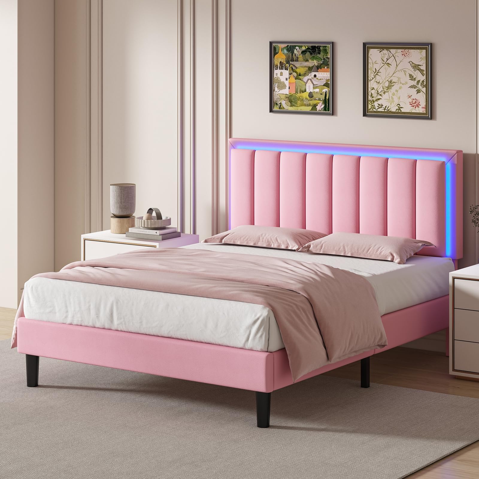 Amazon.com: Full Size Bed Frame with LED Lights, Upholstered Platform ...