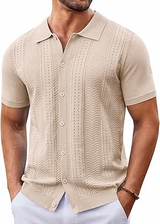 COOFANDY Mens Knit Button Down Shirt Short Sleeve Summer Casual Shirts Vintage Beach Vacation ...