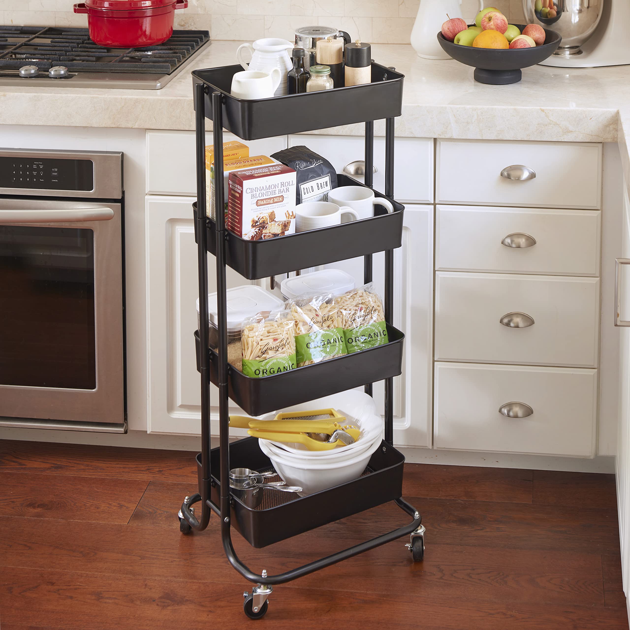 ECR4Kids 4-Tier Metal Rolling Utility Cart, Multipurpose Storage, Black