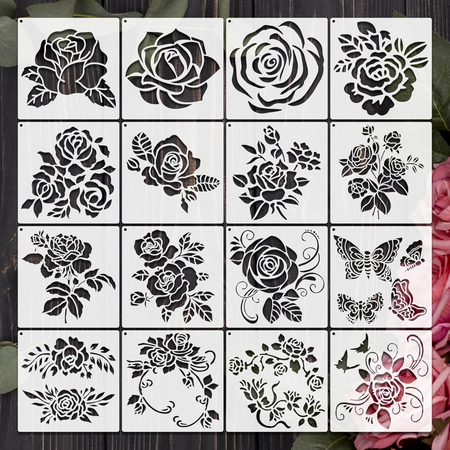 Amazon.com: 6Inch Rose Flower Stencils Painting Crafts Reusable: 16Pcs ...