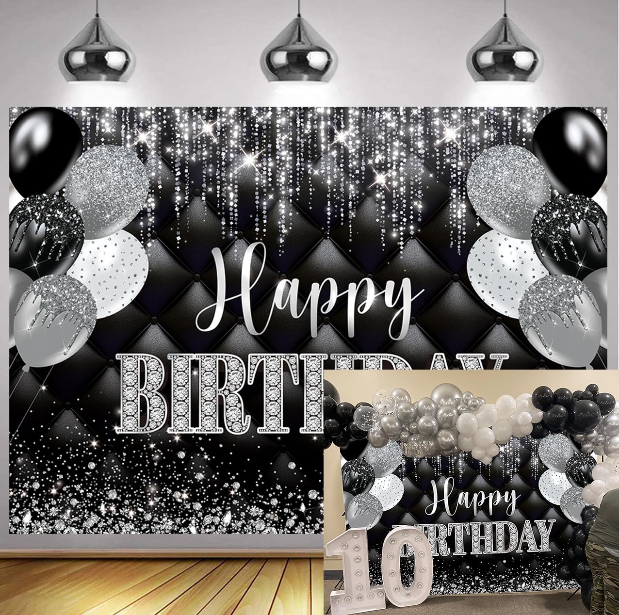Snapklik.com : Black Silver Happy Birthday Banner Backdrop 7x5FT Black ...
