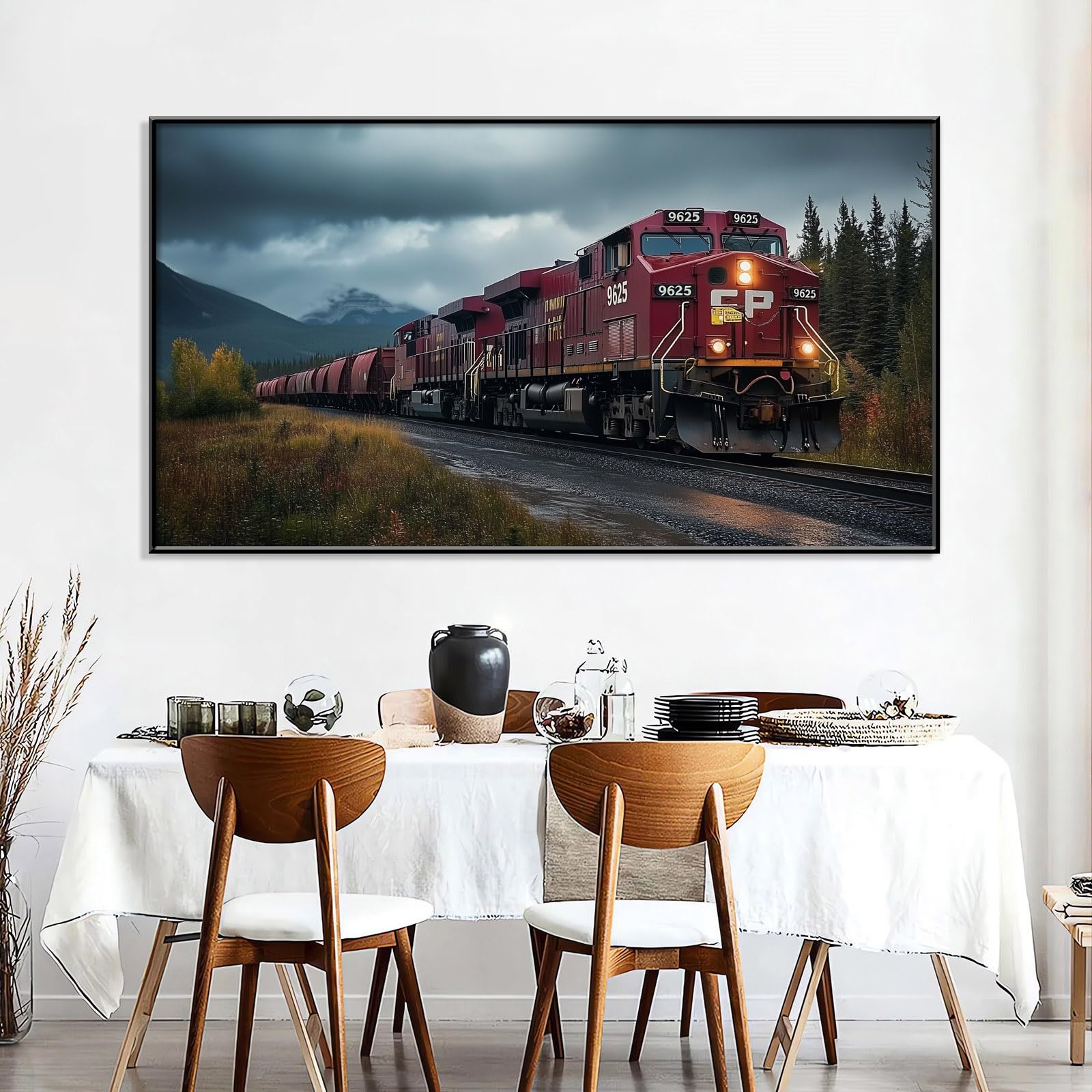 Landscape Art Train Cars Steam Train On Road Wood Print