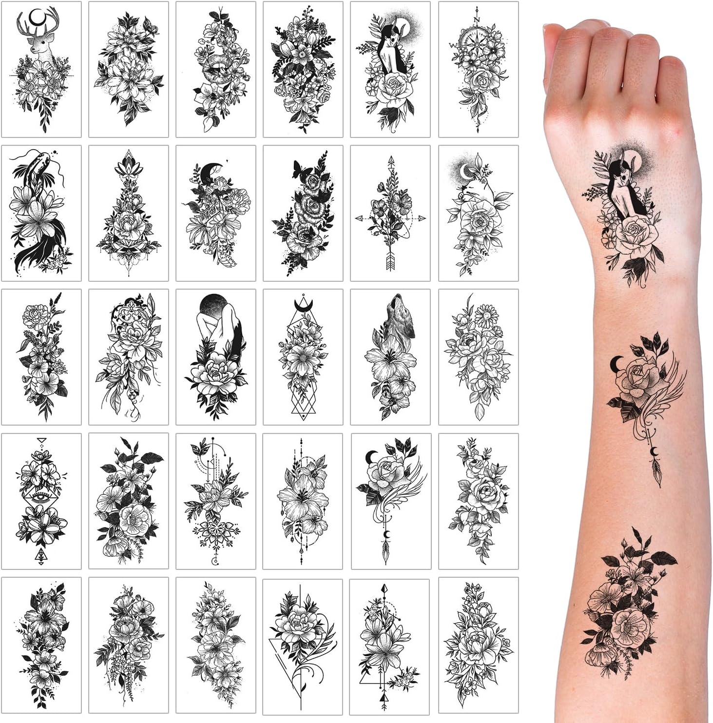 Temporary Tattoos Stickers Black White Flower Butterfly Semi Permanent ...