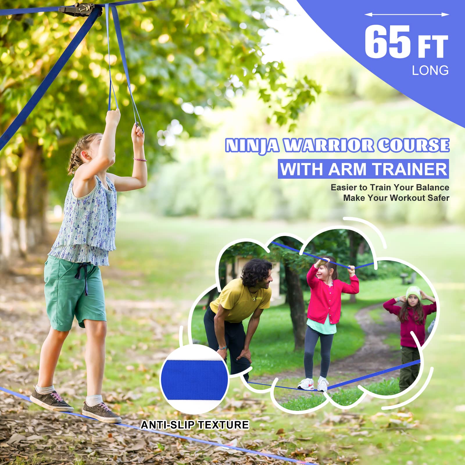 Ninja Warrior Obstacle Course for Kids, 2X65FT Double Ninja Slackline ...
