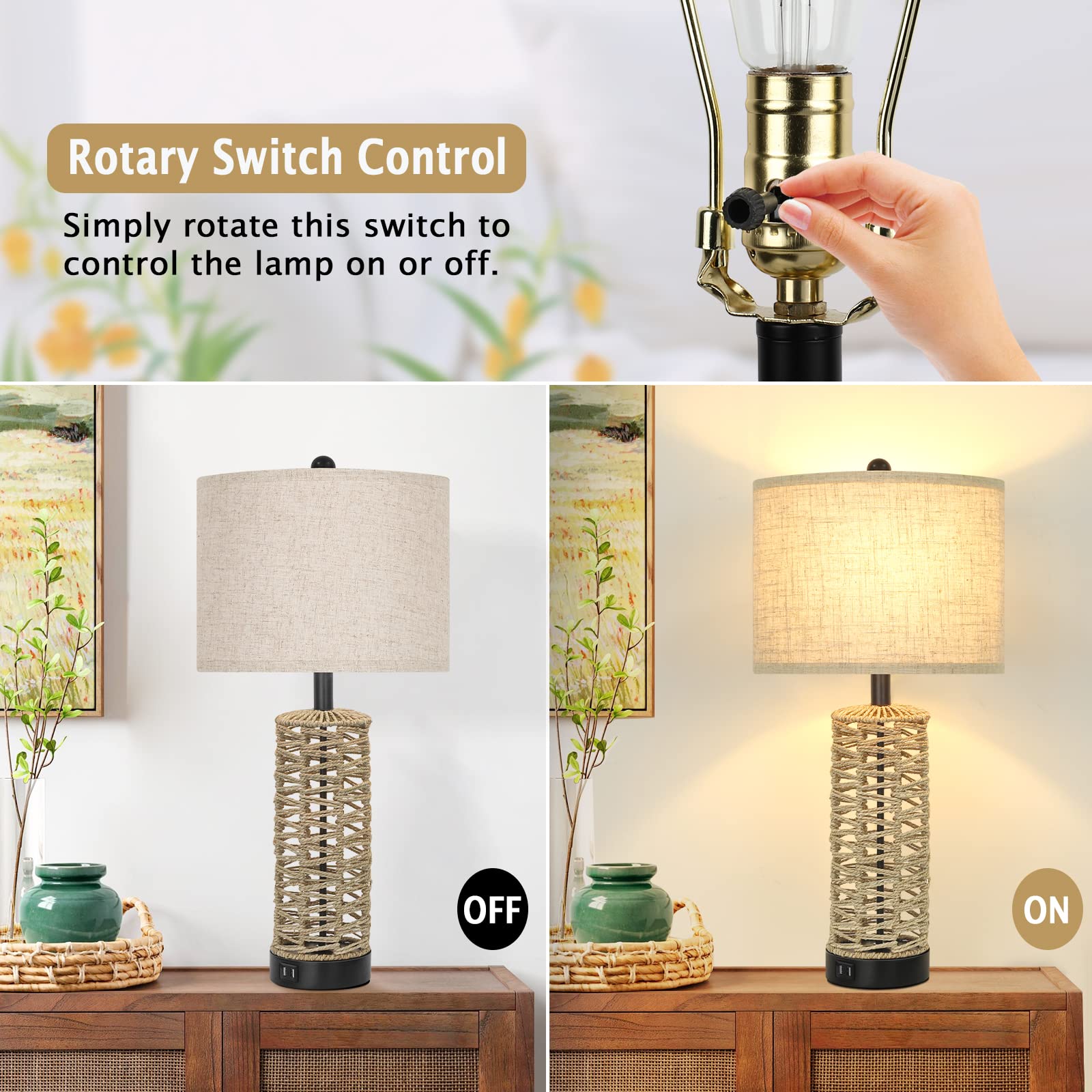 VerRon Rattan Table Lamps Set of 2, Dual USB Ports Bedside Lamps with ...