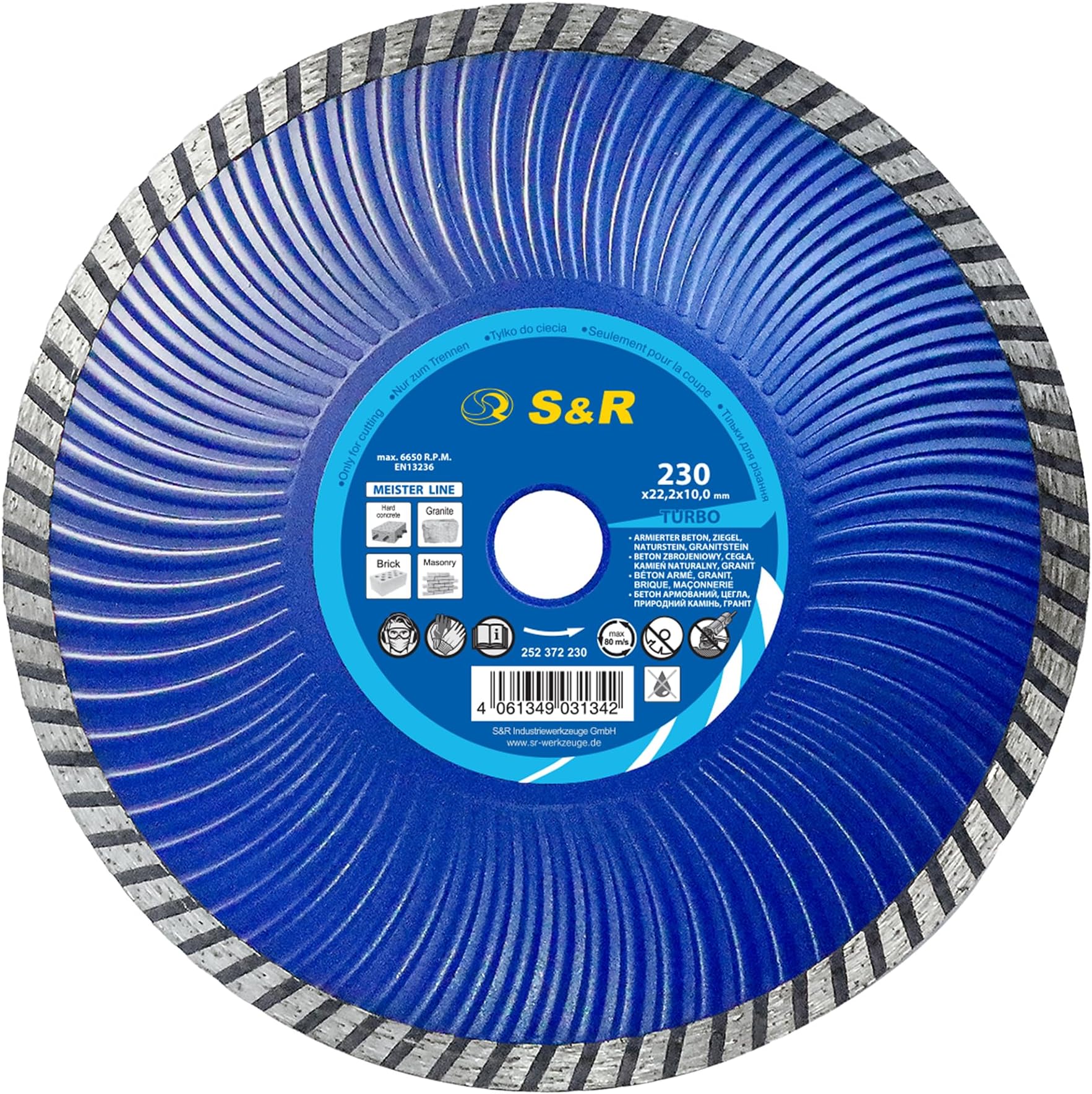 S&R Disco Diamantato 230 x 7.0 x 22,2 Turbo Taglio Cemento Armato Granito Pietra Mattoni ...