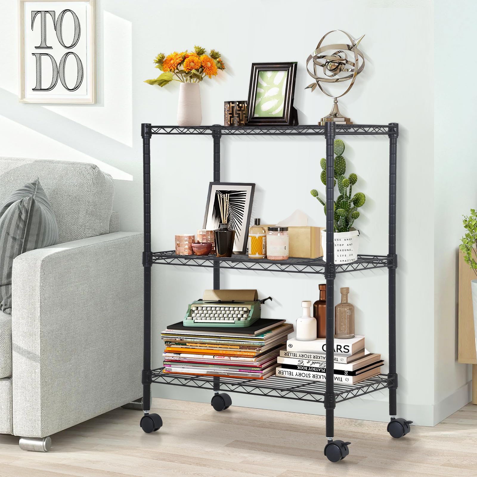 Amazon.com: Yewuli 3 Tier Adjustable high Storage Shelf with Wheel ...