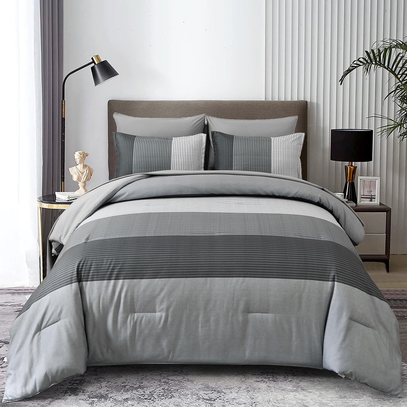 7 Pieces Grey Striped Comforter King Size - Ombre Grey Bed in a Bag ...