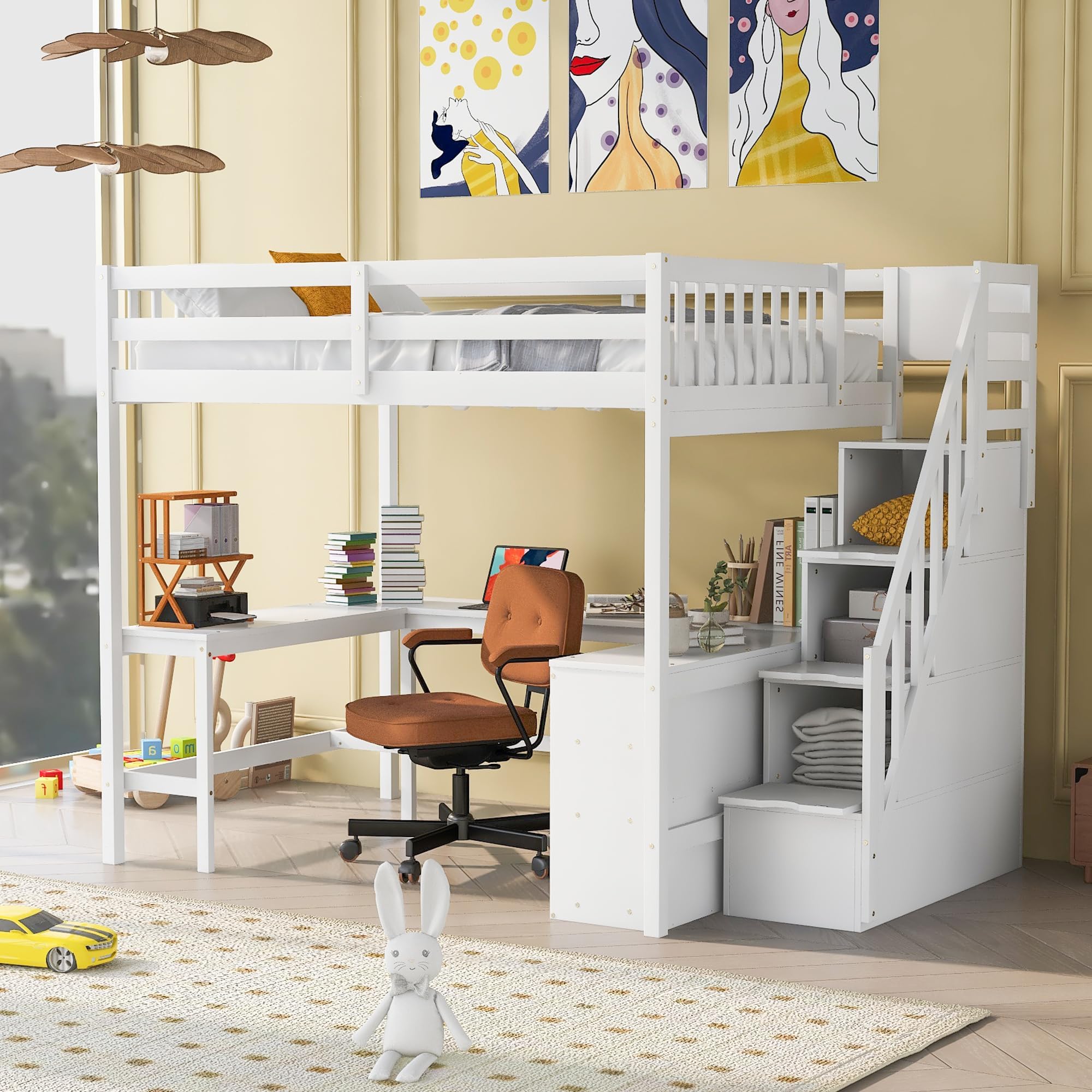 Amazon.com: DRELOFT Twin Size L-Shaped Double Loft Beds with 2 Built-in ...