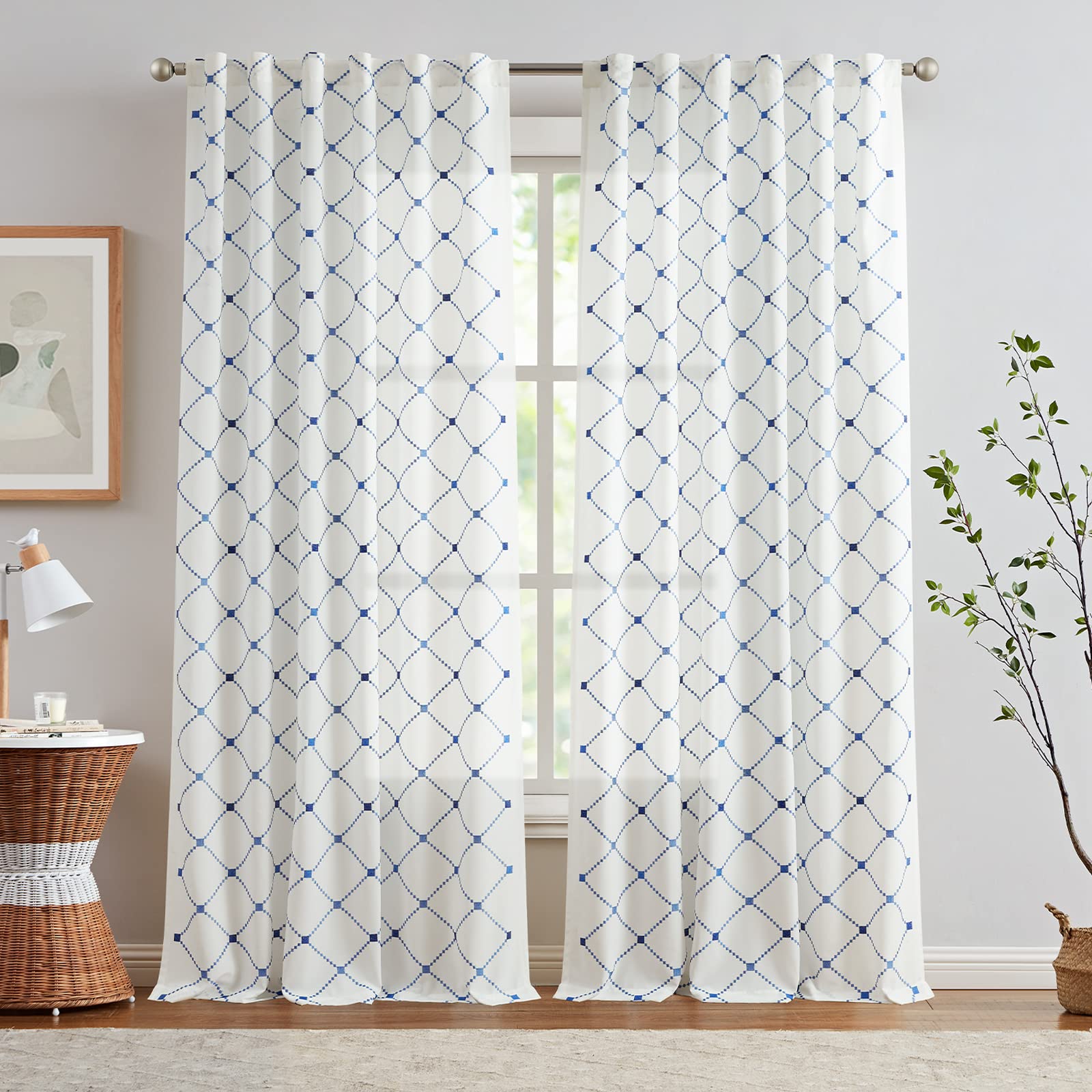 JINCHAN White Curtains for Living Room with Diamond Embroidery 84 Inch ...