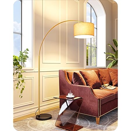 EDISHINE Gold Arc Floor Lamp, Tall Reading Light with Adjustable Linen ...