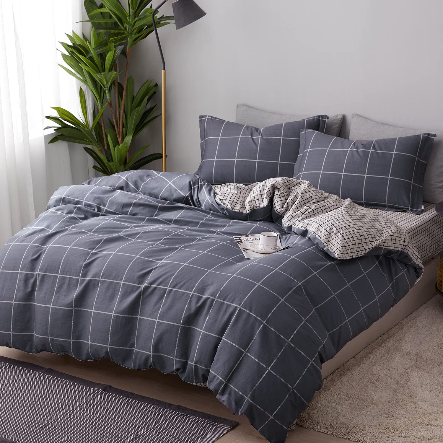Amazon.com: SAPHREAS Gray Plaid Duvet Cover Set Queen Size 3pcs Dark ...