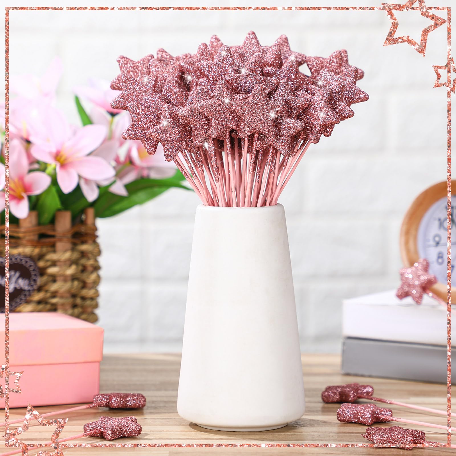 Snapklik.com : 60 Pcs Rose Golden Star Floral Picks 8 Glitter Pink ...