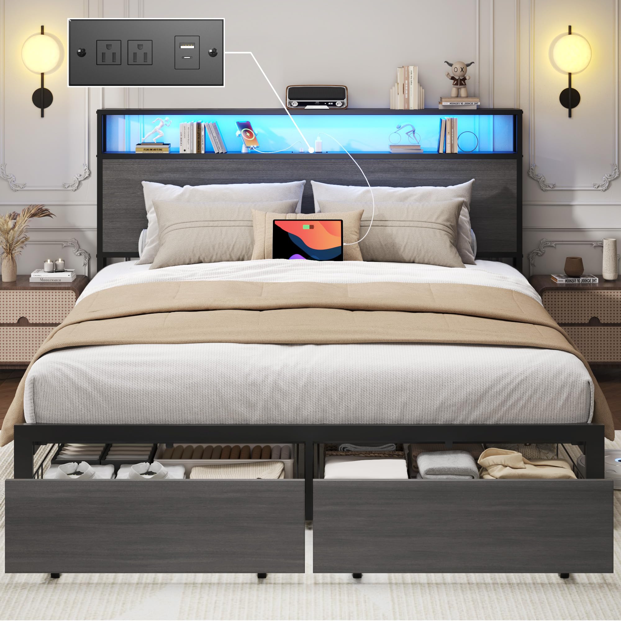 Amazon.com: Lifezone Queen Bed Frame with 2-Tier Storage Headboard ...
