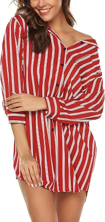 URRU Sleepwear for Women's Casual Striped Button Down Nightshirt 3/4 ...