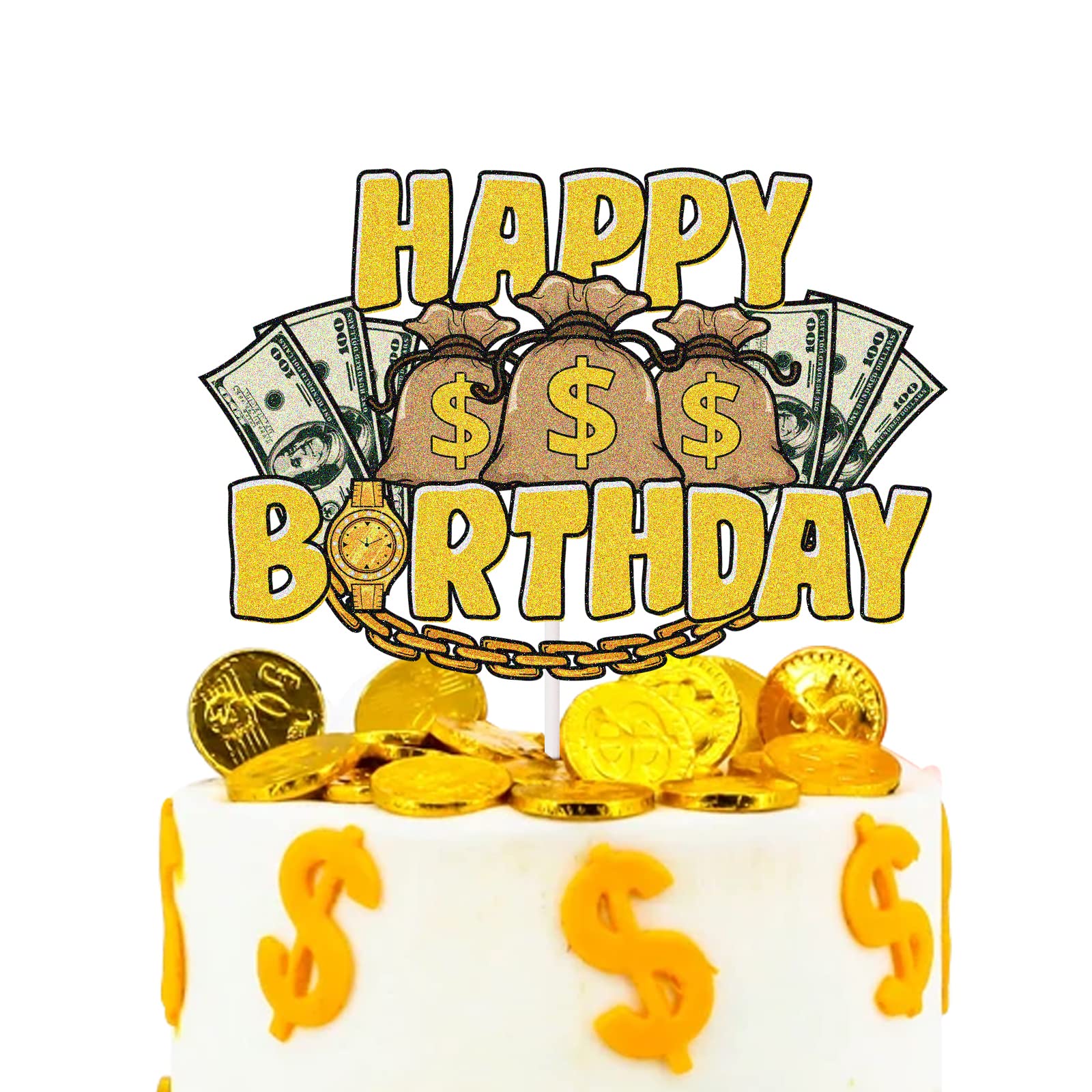 Buy Money Happy Birthday Cake Topper Dollar Bill Gold Glitter Theme ...