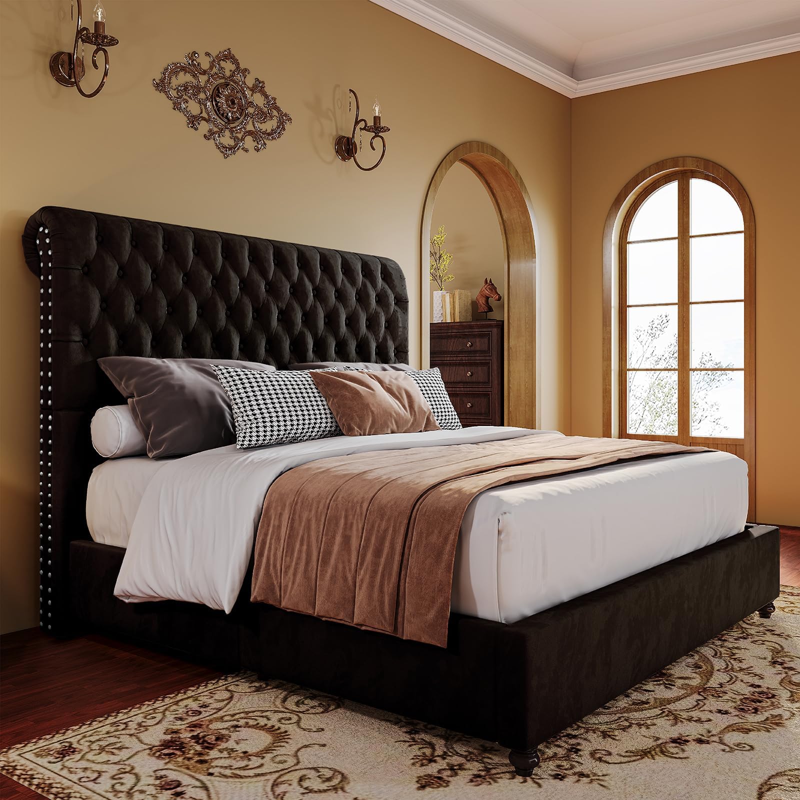 Amazon.com: PaPaJet King Bed Frame Upholstered Platform Bed Frame with ...