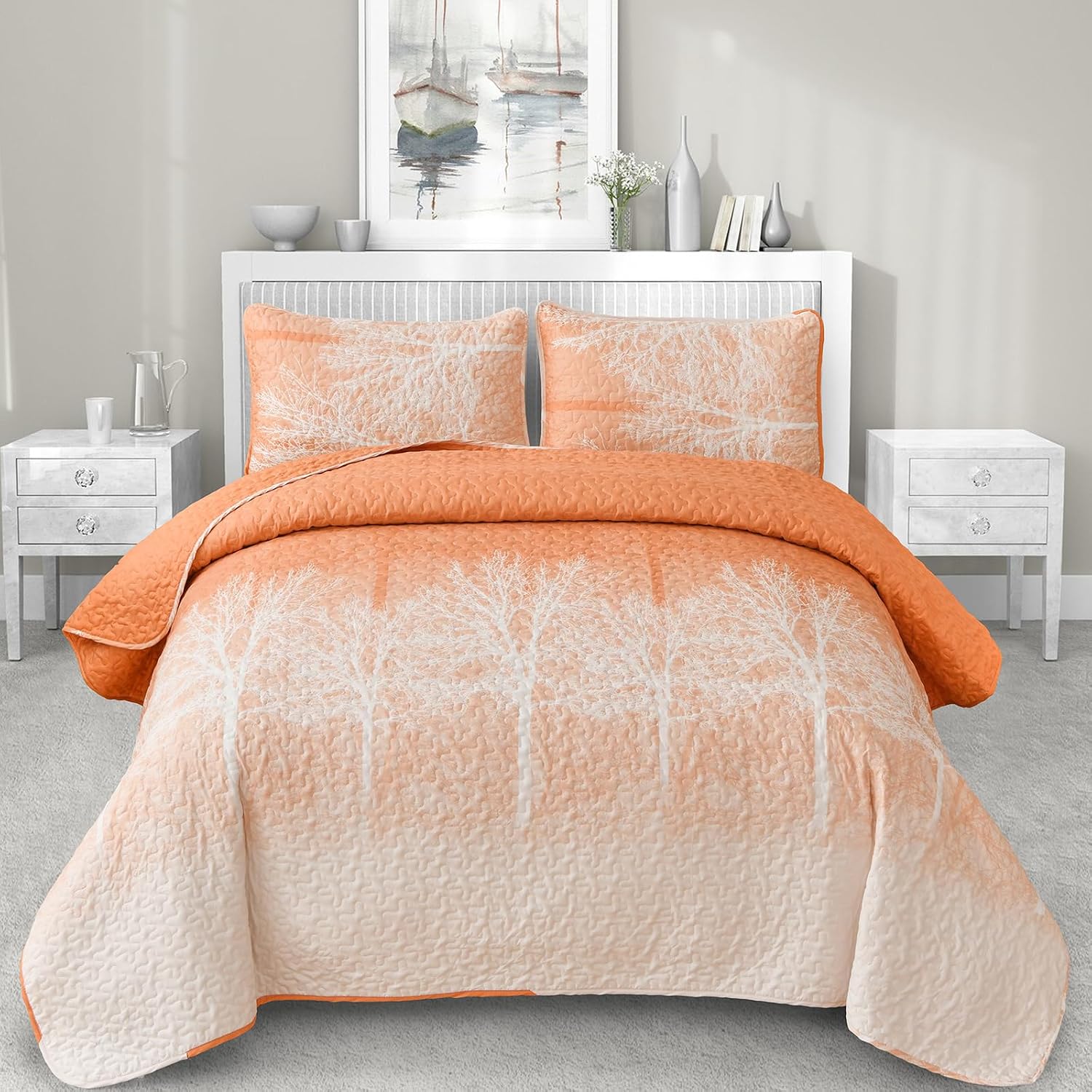 Amazon.com: Xruibed Orange Quilt Set King Ombre Branch Floral Quilt Set ...