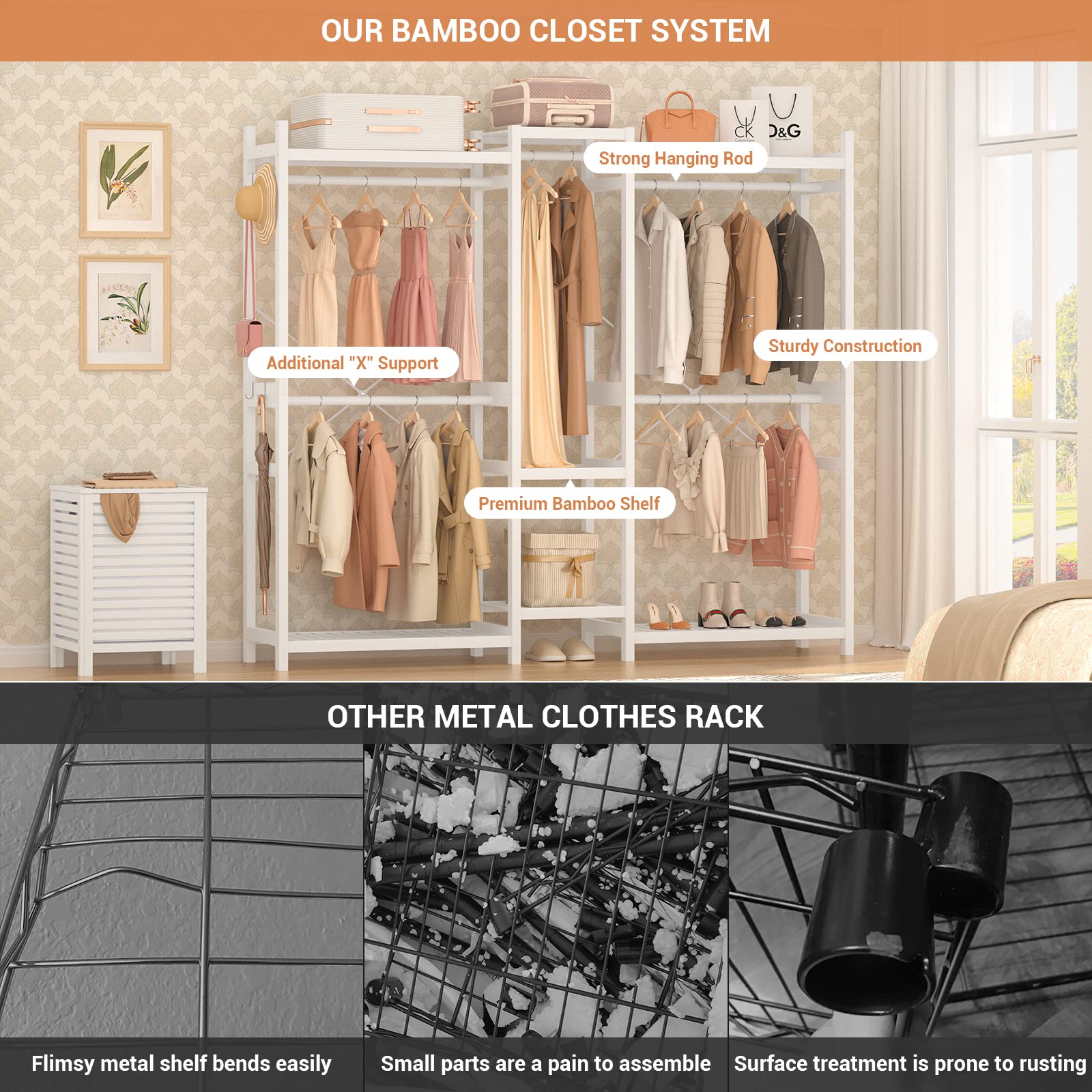 Hoiplu Bamboo Closet System Clothing Rack for Hanging Clothes, Large ...