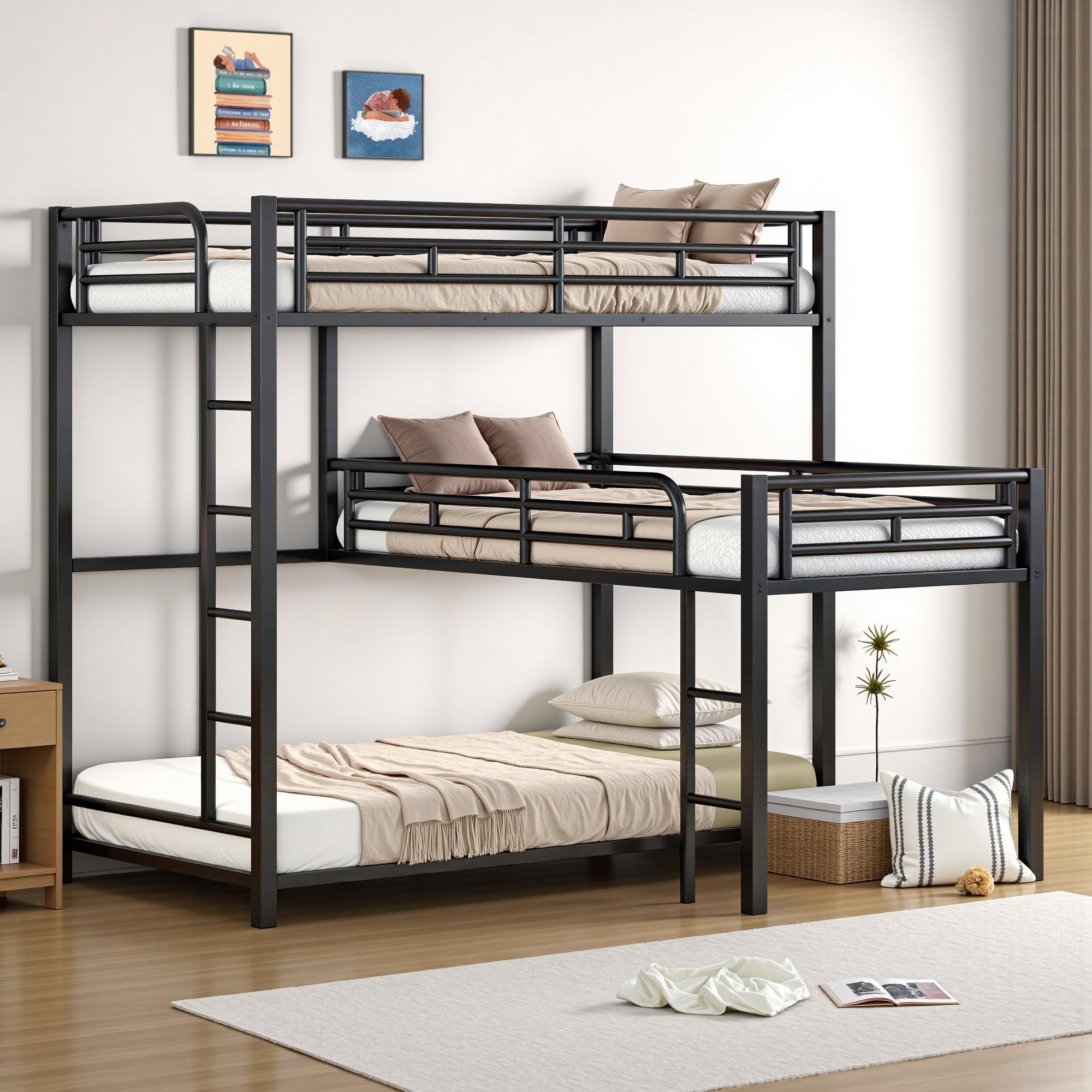 Amazon.com: TURRIDU Heavy-Duty Triple Bunk Bed, Metal L-Shaped Bunk Bed ...