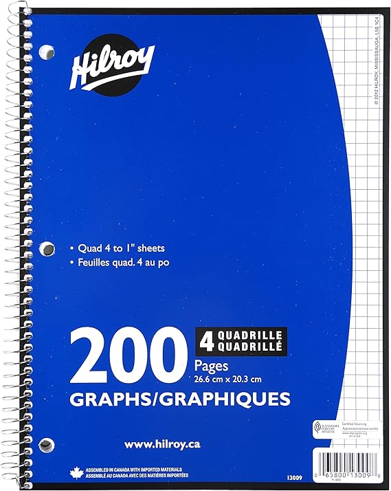 Hilroy Coil 1-Subject Notebook, Quad Ruled Graph Paper, 100 Sheets/200 ...