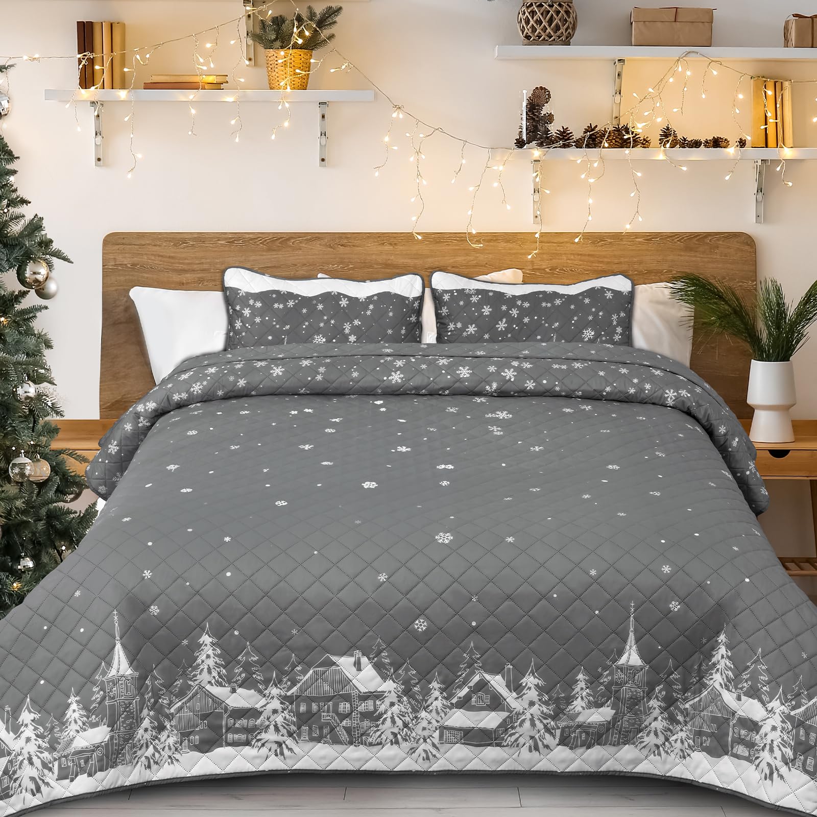 Amazon.com: Invoibler Christmas Quilt Set Queen 3 Piece Snowflake ...