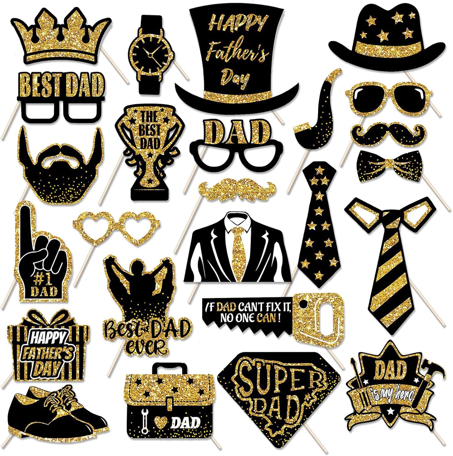 Amazon.com: HOWAF Black Gold Father's Day Photo Booth Props, Glitter ...