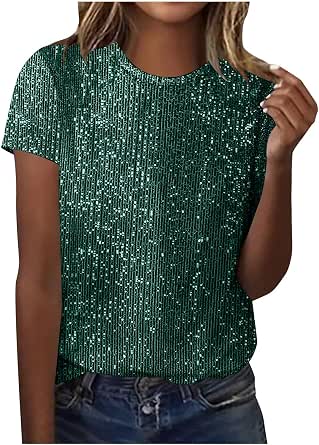Womens Short Sleeve Sequin T Shirts Fashion Sparkly Holiday Blouses ...
