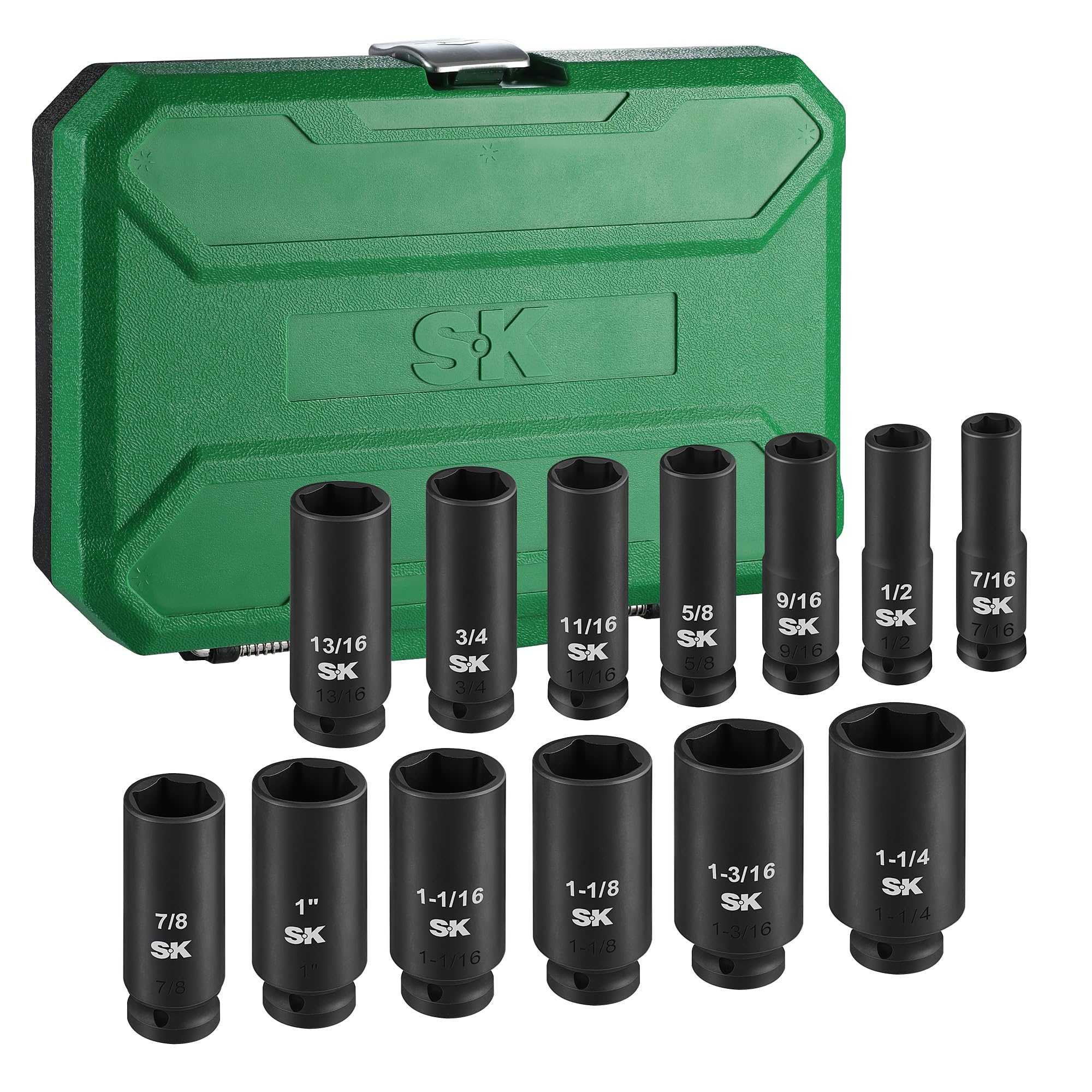 SK 1/2" Drive Impact Socket Set, Deep SAE Sockets, 13-Piece 7/16" to 1 ...