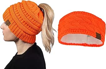 Amazon.com: Funky Junque 2 Pack Messy Bun Beanie Tail Hat & Headwrap- Neon Orange : Clothing ...