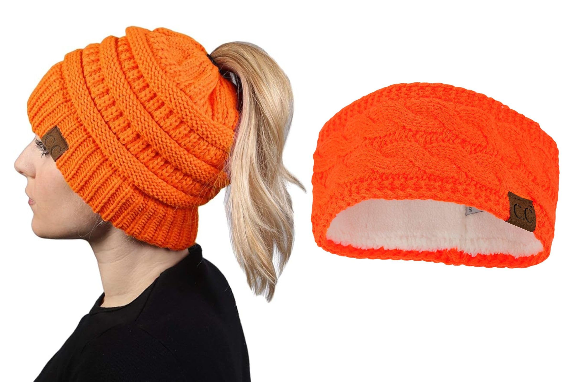 Amazon.com: Funky Junque 2 Pack Messy Bun Beanie Tail Hat & Headwrap- Neon Orange : Clothing ...