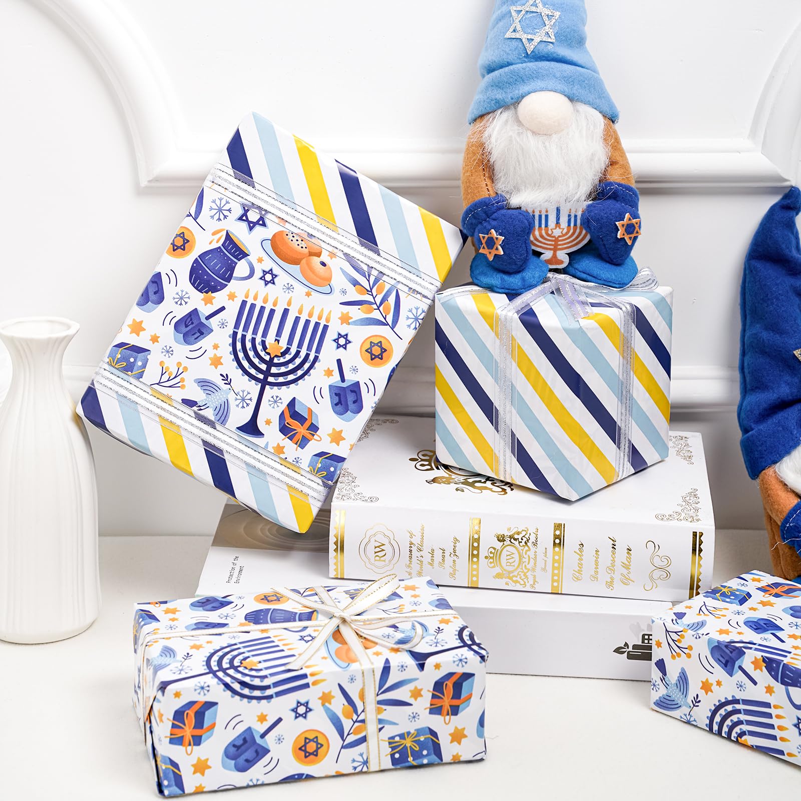 Snapklik.com : Hanukkah Blue Wrapping Paper Roll, Menorah Dreidel Donut ...