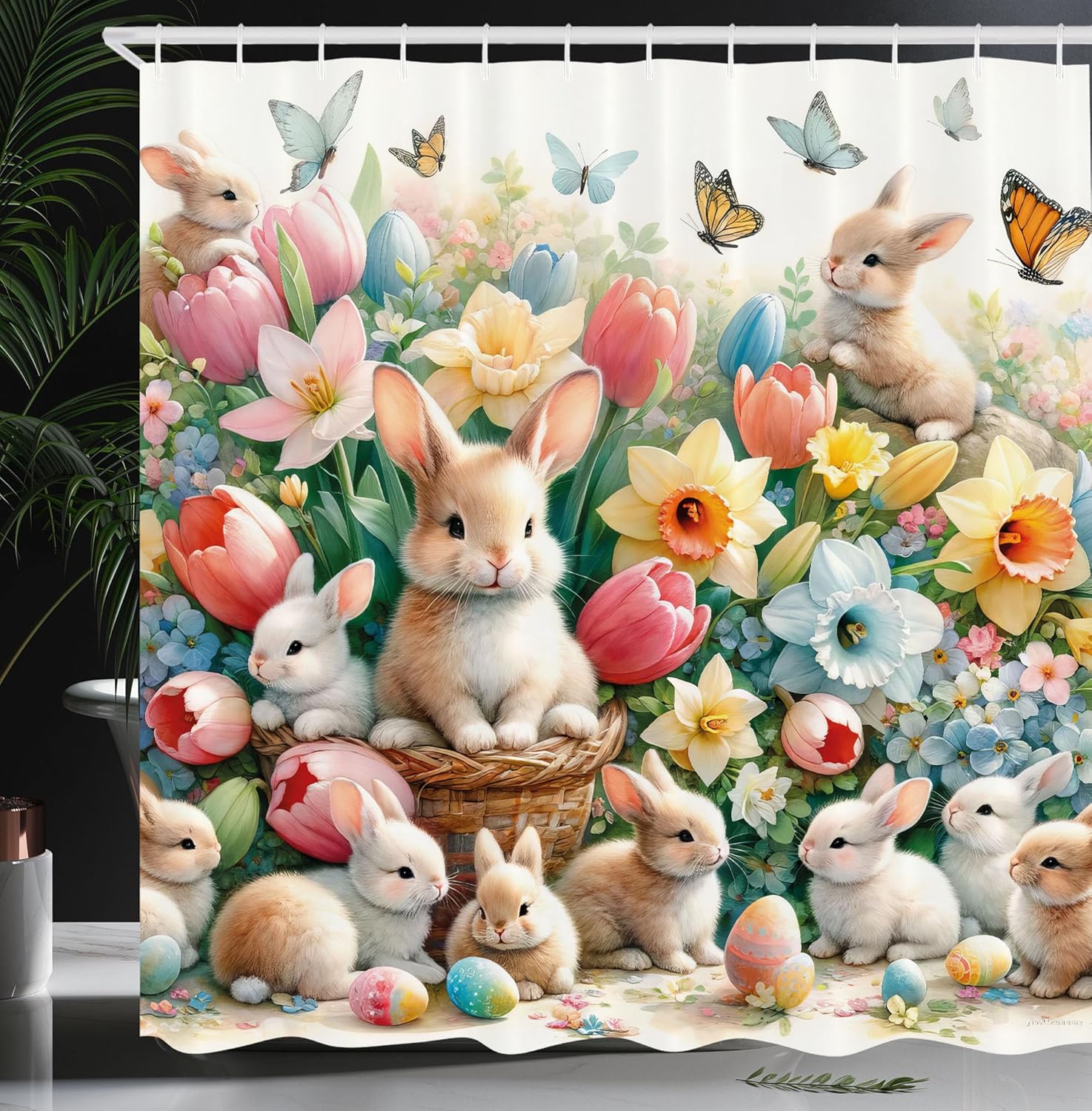 Amazon.com: Ambesonne Spring Shower Curtain, Easter Bunnies Tulips ...