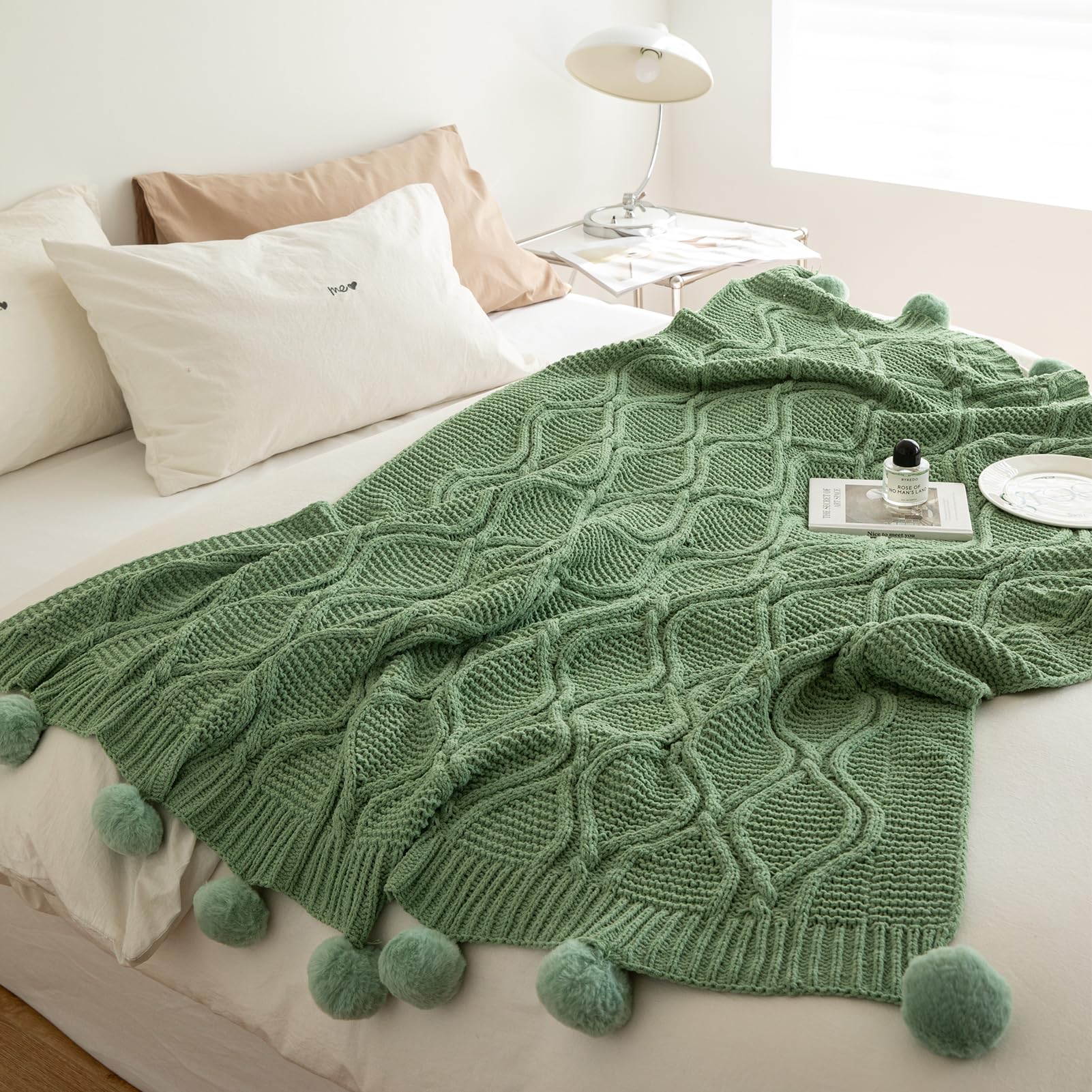 Amazon.com: LLanCL Knitted Throw Blanket with Pompoms, Ultra Soft Cozy ...