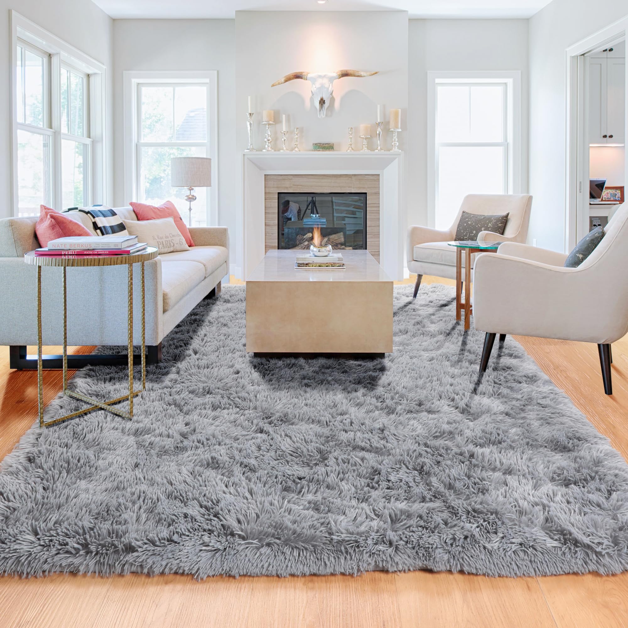 BSTLUV Soft Shag Area Rugs 4x6 Grey Fluffy Fuzzy Carpet for Bedroom ...